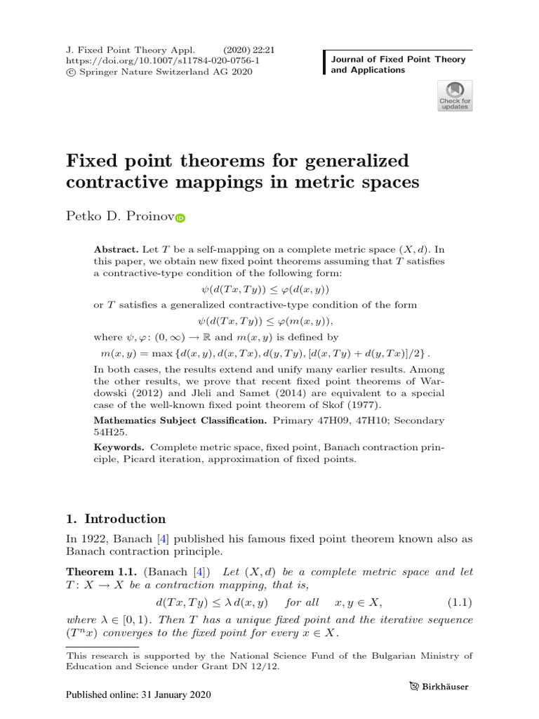 Fixed Point Theorems For Generalized Contractive Mappings In Metric Spaces Pdf Limit