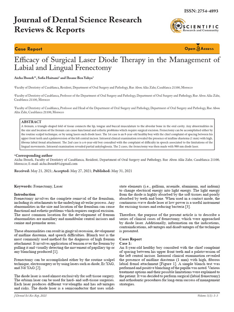 Efficacy of Surgical Laser Diode Therapy in The Management of Labial and Lingual Frenectomy ...