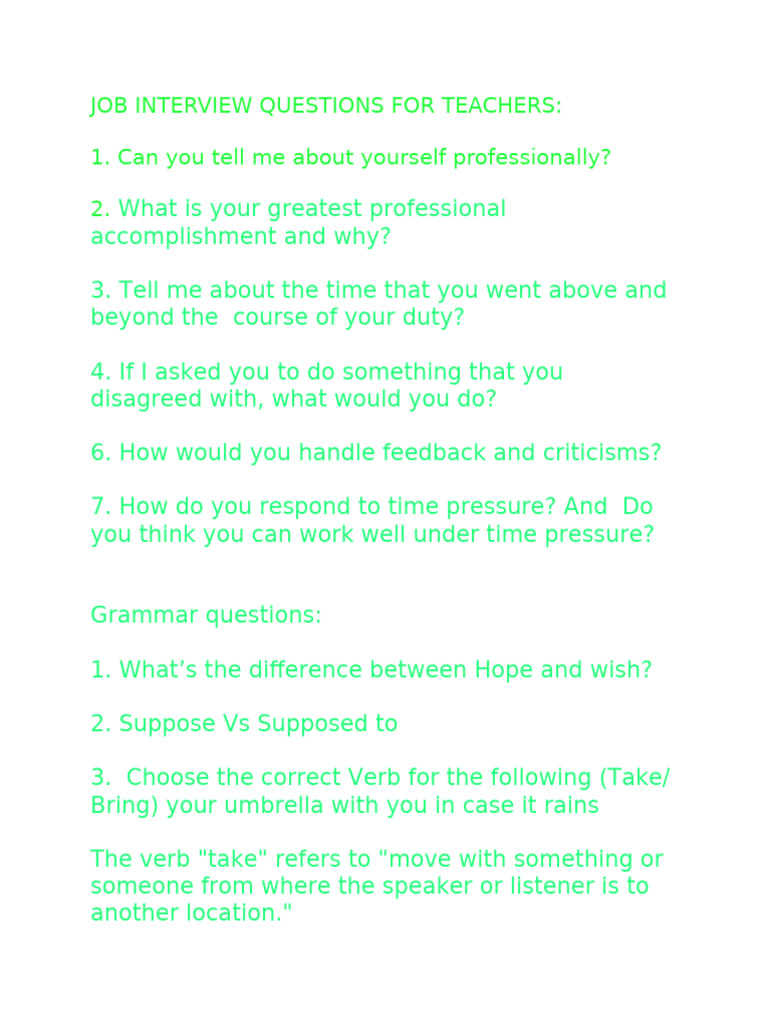 INTERVIEW. QUESTIONS For Teachers | PDF