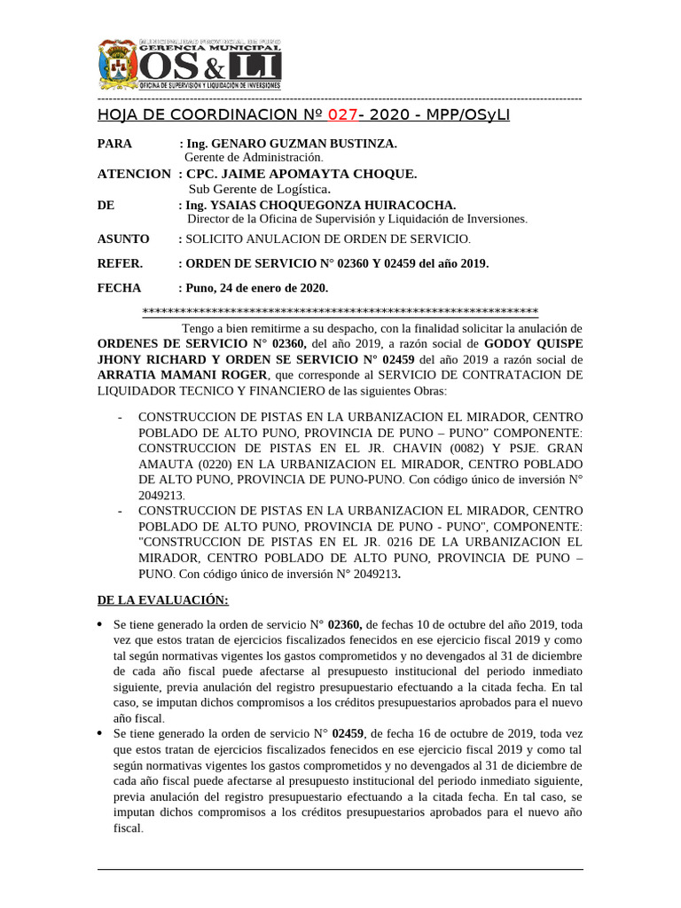 Hoja de Coord. #027-2020 Pronunciamiento Liquidacion Obra Arapa Cutipa Rene Servicios ...