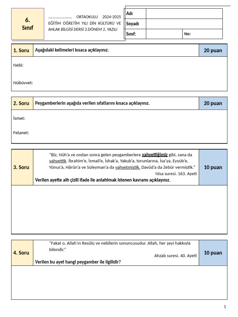 DKAB 6. Sinif 1. Donem 1. Yazili Sorulari | PDF