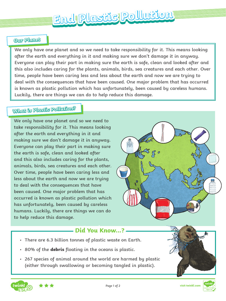 End Plastic Pollution Reading Comprehension | PDF | English As A Second ...