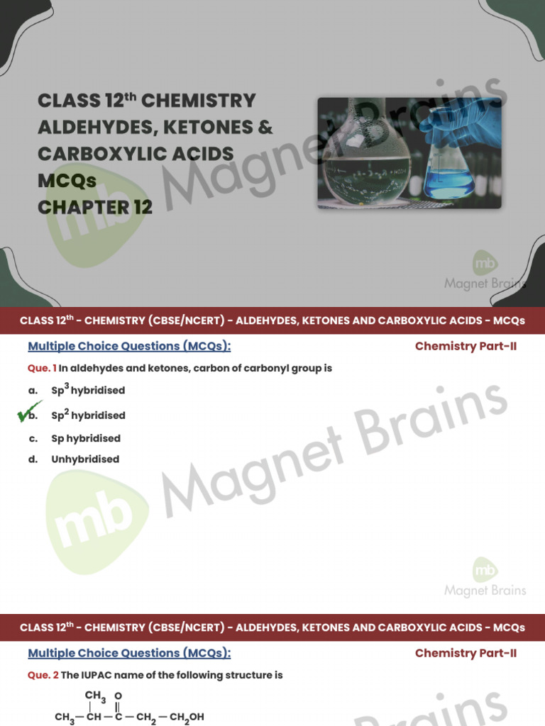 Class 12th - Unit - Aldehydes, Ketones and Carboxylic Acids - Chemistry (MCQS) | PDF | Aldehyde ...