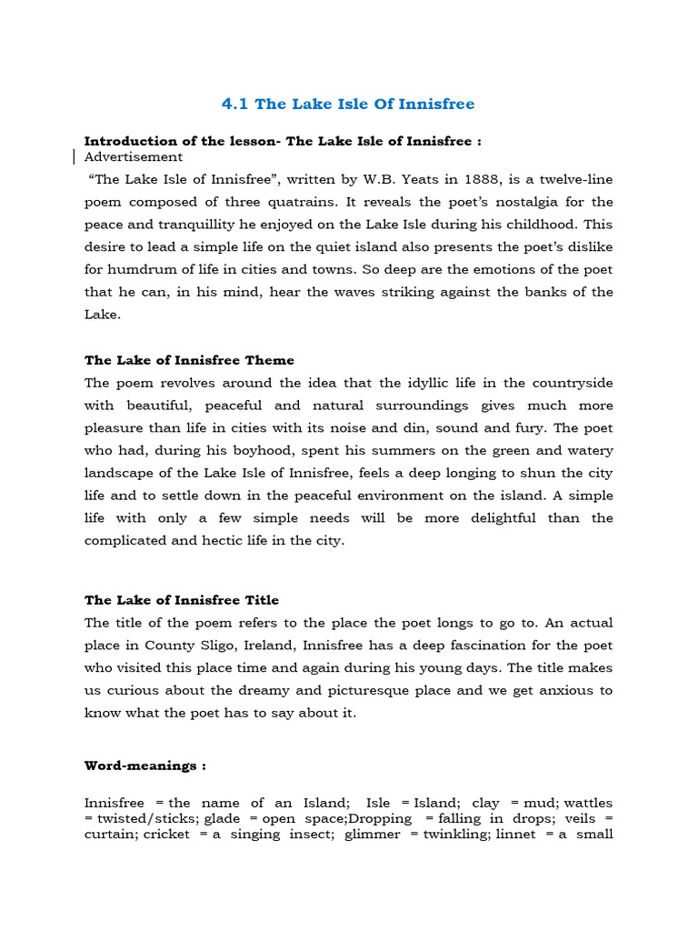 4.1. The Lake Isle of Innisfree Textbook Exercise | PDF | Rhyme | Poetry