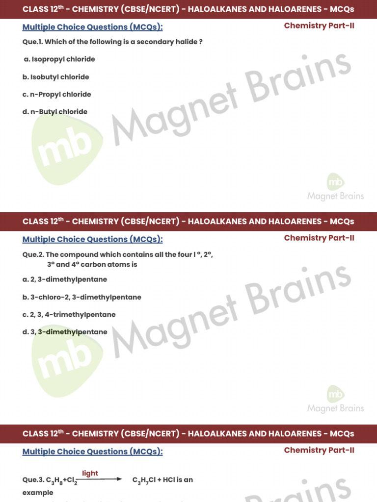 Class 12th - Unit - Haloalkanes and Haloarenes - Chemistry (MCQS) | PDF | Chemistry | Organic ...
