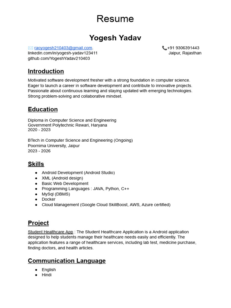 Yogesh Yadav: Software Developer Resume | PDF