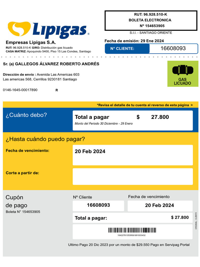 Boleta Electrónica Lipigas: Pago y Vencimiento | PDF