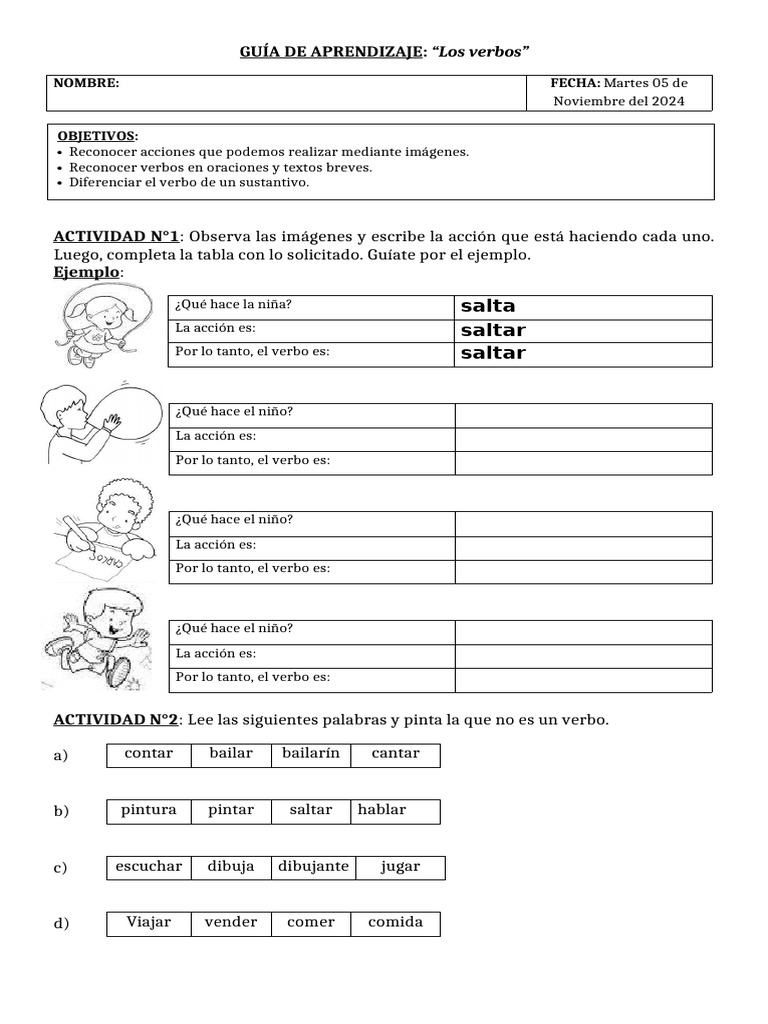 Guía de Aprendizaje sobre Verbos | PDF | Artes del Lenguaje y Comunicación