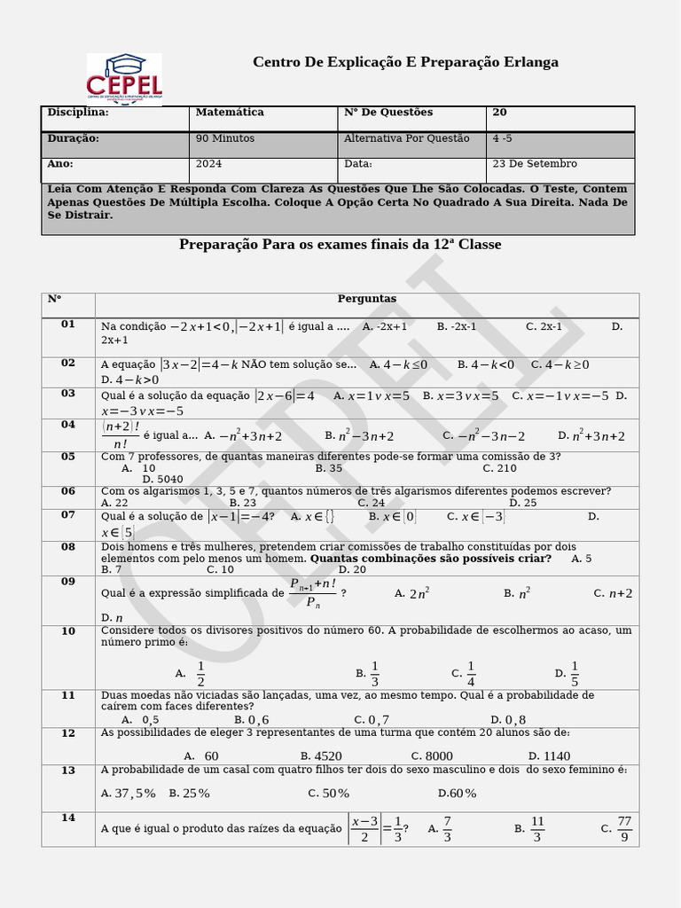 Teste de Matemática 12ª Classe 2024 | PDF