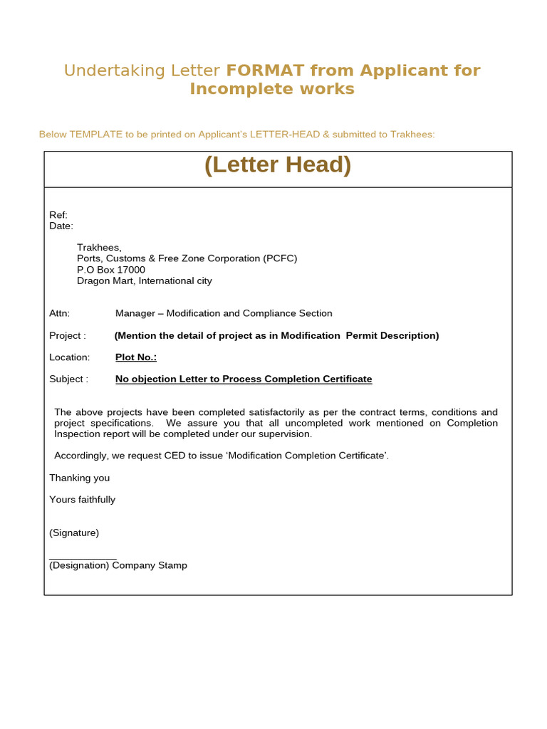 TRK-CED-MF-CF02b, Undertaking Letter FORMAT, For Incomplete Works | PDF