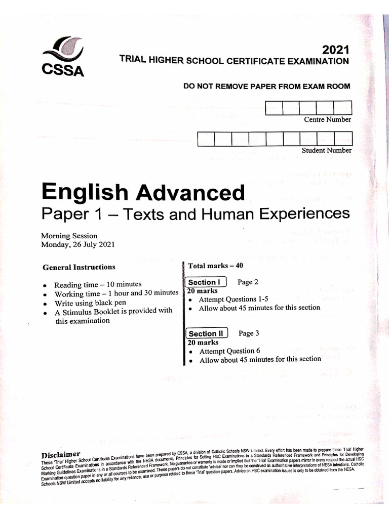 CSSA 2021 Paper 1 - Texts and Human Experiences | PDF