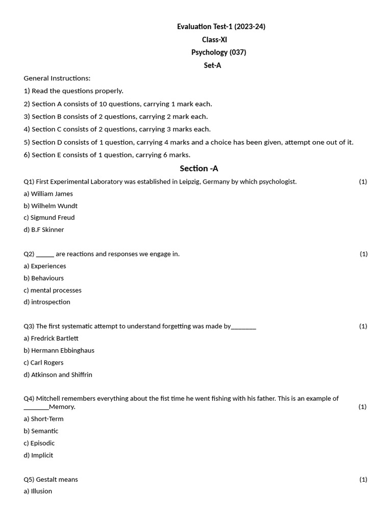 XI Class SET - A Question Paper | PDF | Cognition | Psychology