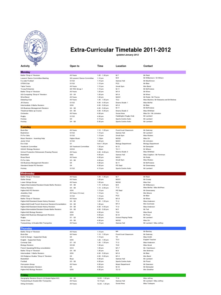 2011-2012 Extra-Curricular Timetable | PDF