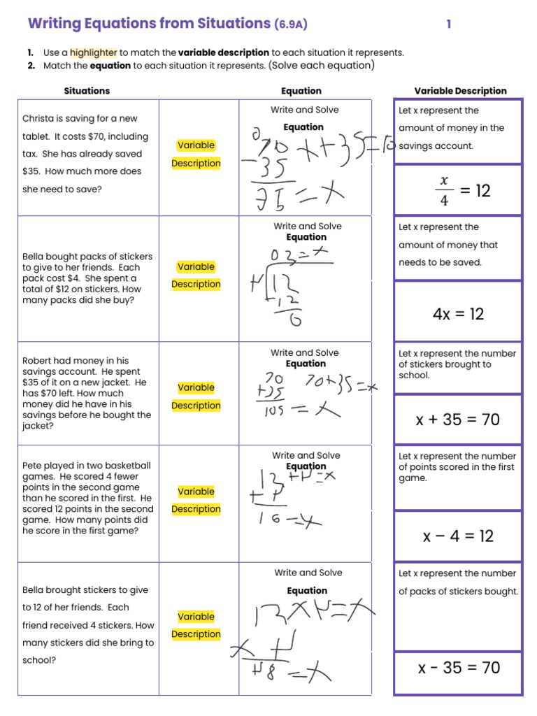 Solve Each Equation) : 1. Variable Description 2. Equation Situations ...