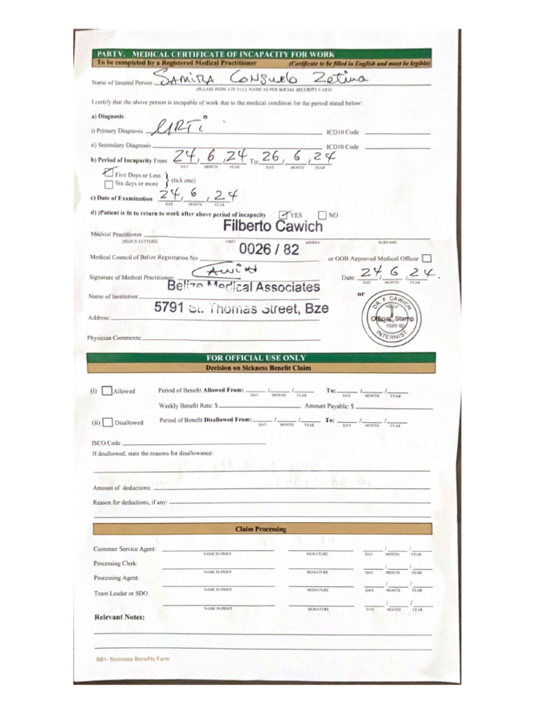 Medical Certificate of Incapacity For Work | PDF