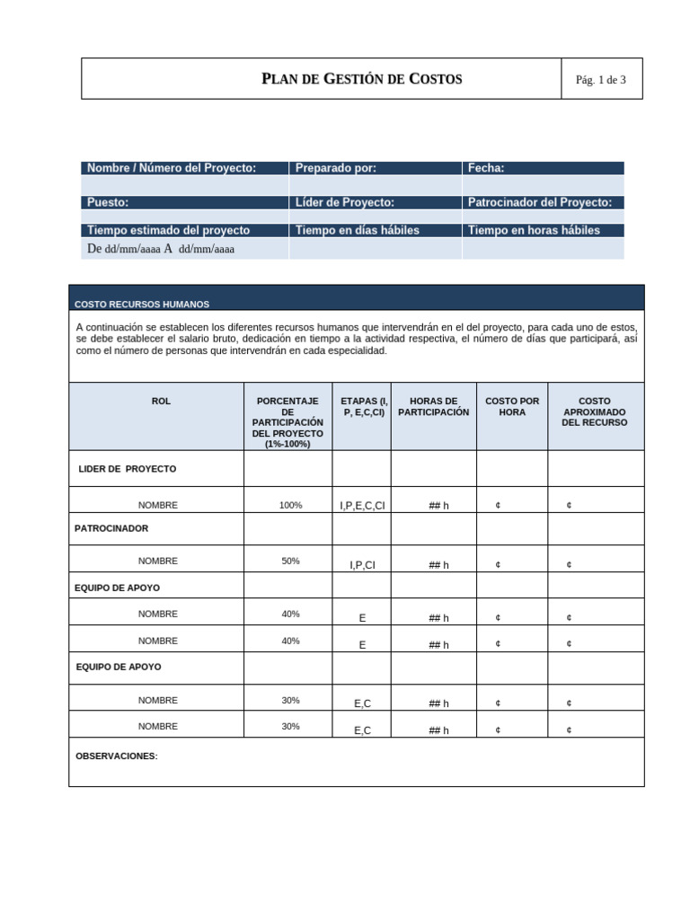 Ejemplo de Plan de Gestión de Costos | PDF | Economias