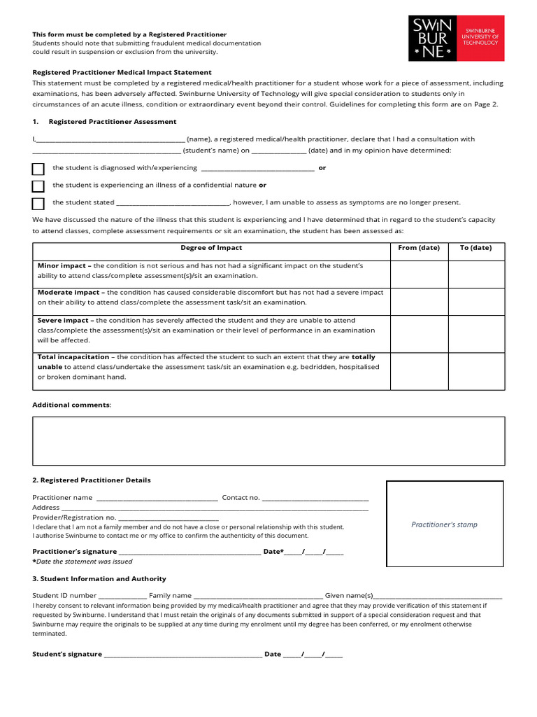 Swinburne Medical Impact Statement Form | PDF | Psychologist | Health Care