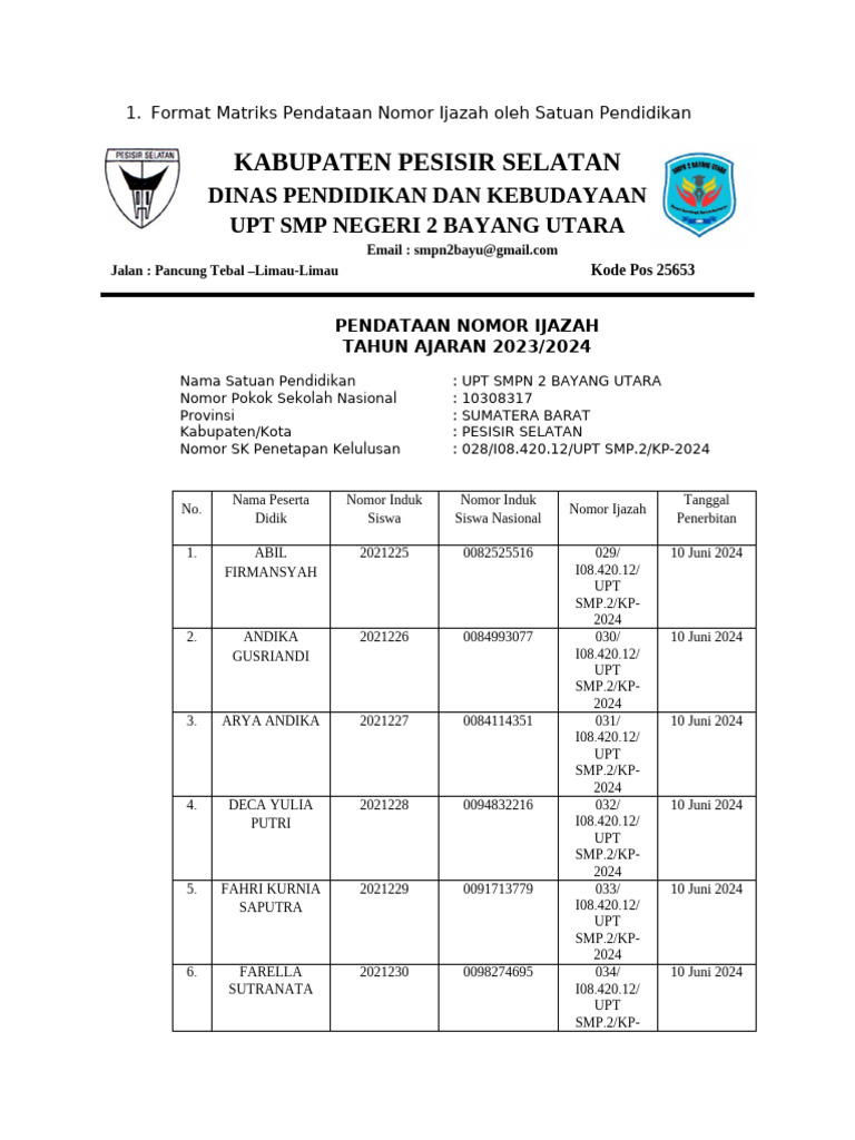Format Matriks Pendataan Nomor Ijazah Oleh Satuan Pendidikan | PDF