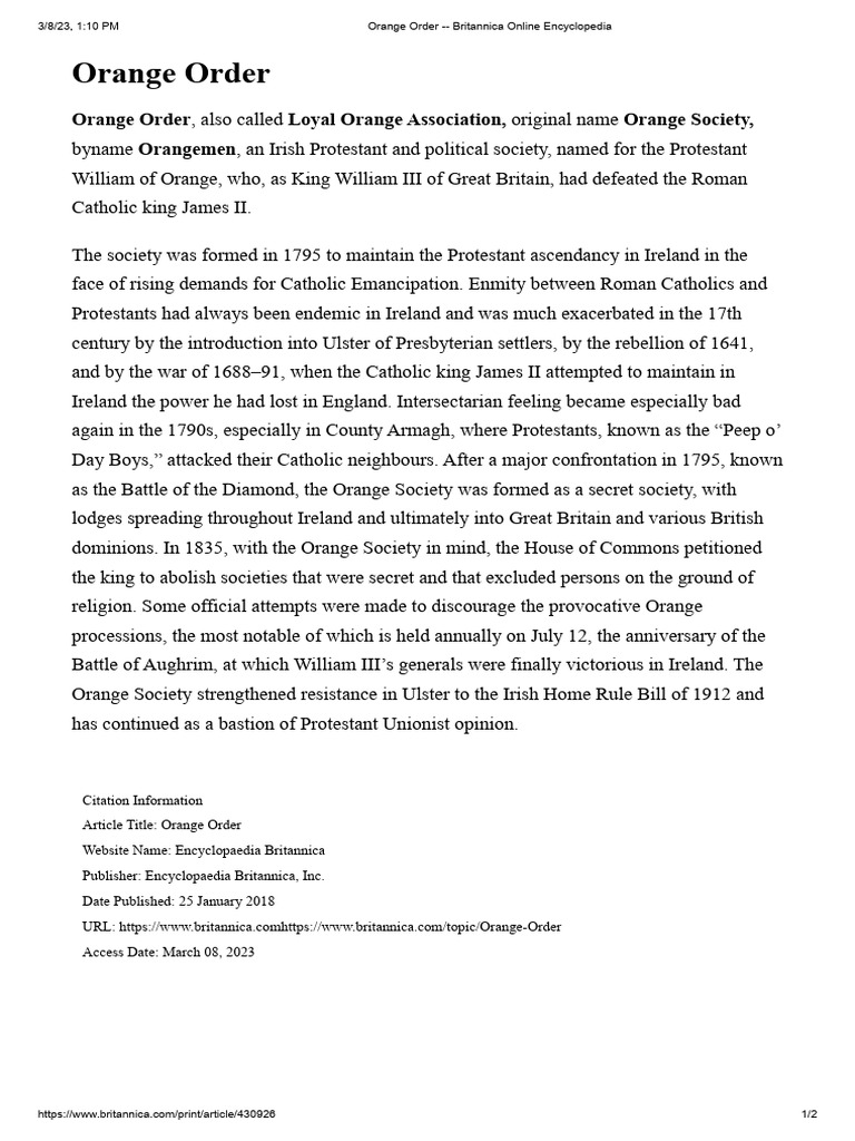 7 2 Orange Order | PDF | Ireland | Politics Of Ireland