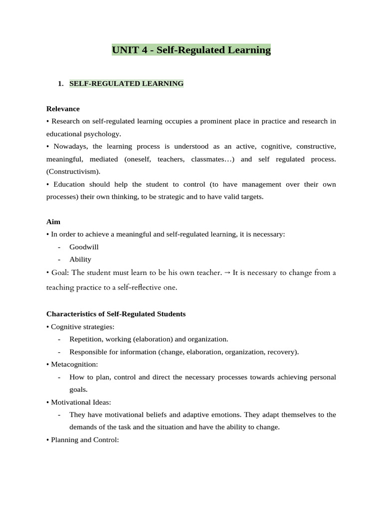 UNIT 4 - Self-Regulated Learning | PDF | Emotions | Emotional Self ...