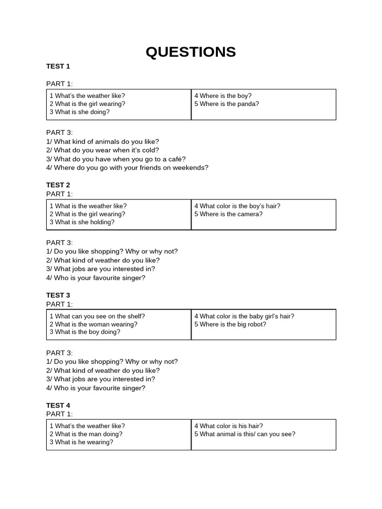 QUESTIONS. Speaking A1 | PDF