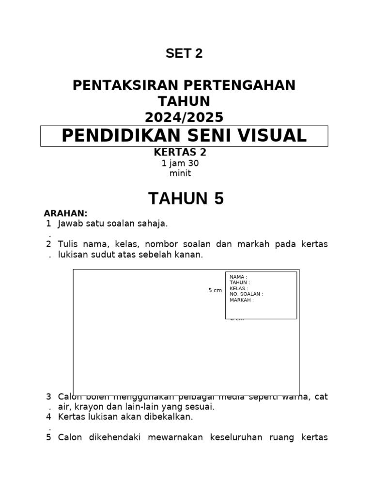 TP2730 - 2 Set Pentaksiran Pertengahan Tahun Pendidikan Seni Visual Tahun 5 PPT 2024-20258 | PDF
