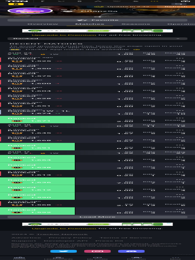 ChapzSa's R6 Siege Ranked Match History - Rainbow Six Siege Tracker | PDF | Software | Computing