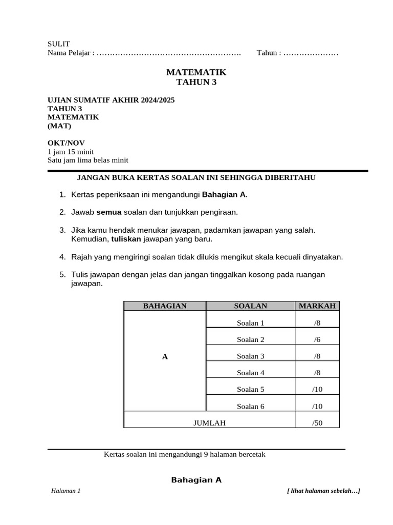 Usa MT THN 3 Set 1 2024 2025 by Cikgu Gorgeous | PDF