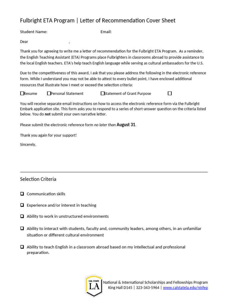 Fulbright Eta Letter of Recommendation Cover Sheet 0 | PDF