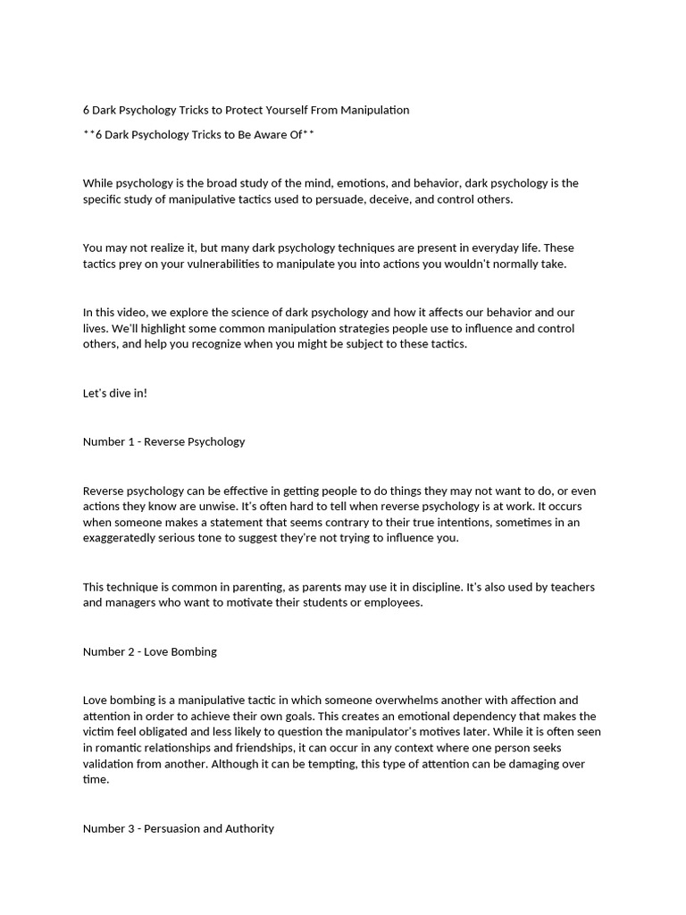 Dark Psychology: 6 Manipulation Tactics | PDF | Psychology | Persuasion