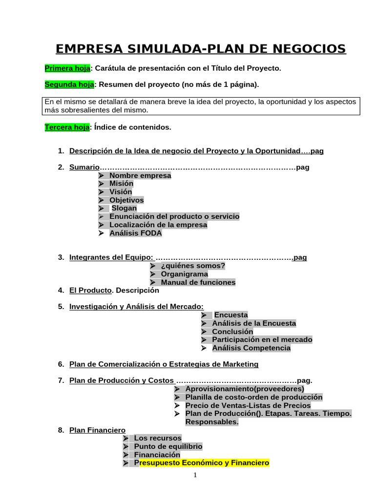 Estructura Formularia: "Plan de Negocio" (Teoría y Gestión de Las ...