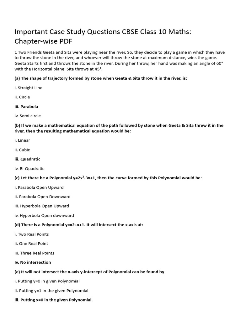 Case Study Questions for Class 10 Maths | PDF | Area | Quadratic Equation