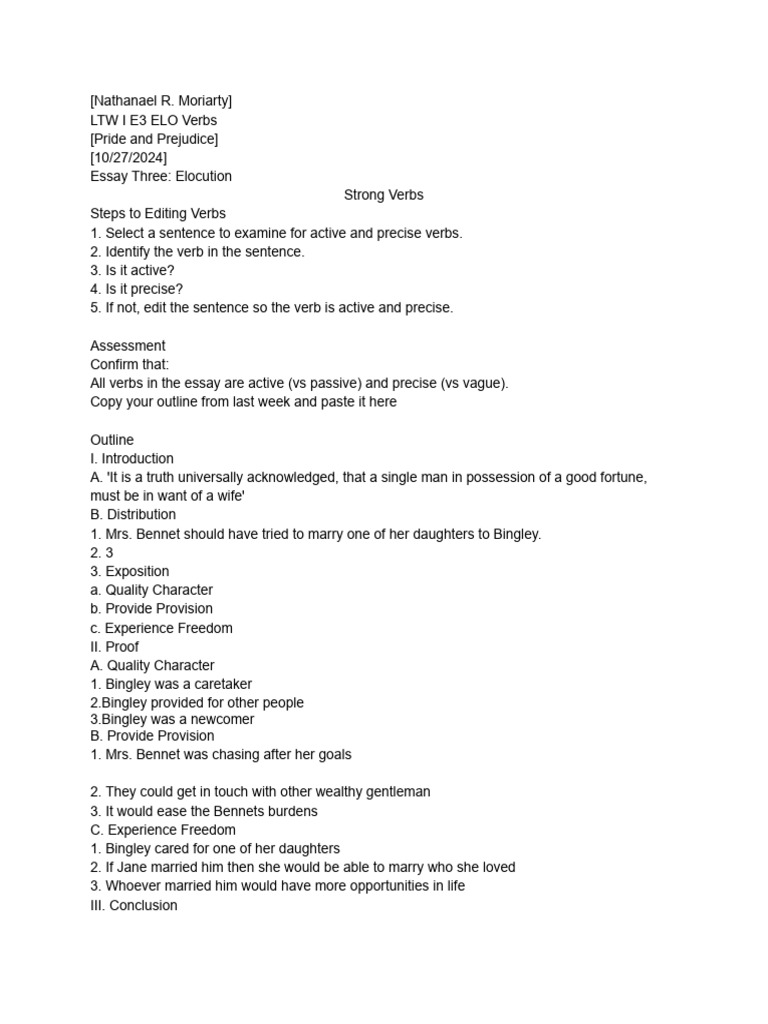 Editing Strong Verbs in Essays | PDF | Pride And Prejudice | Language ...