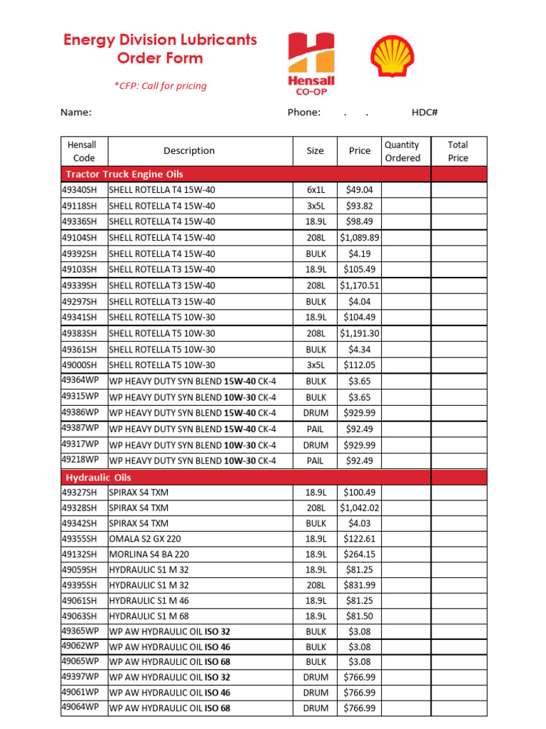 Energy Lubricants Order Form Jan 2023 - V2 | PDF | Oils | Soft Matter
