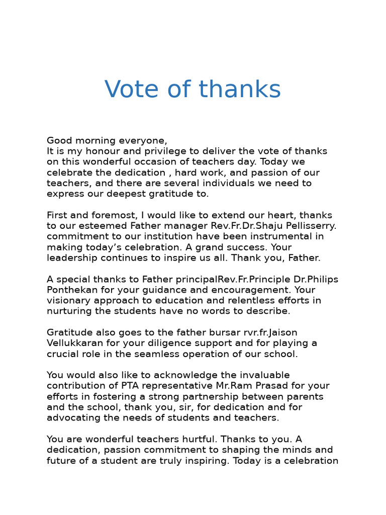 Vote of Thanks for Teachers' Day Celebration | PDF | Self-Improvement ...
