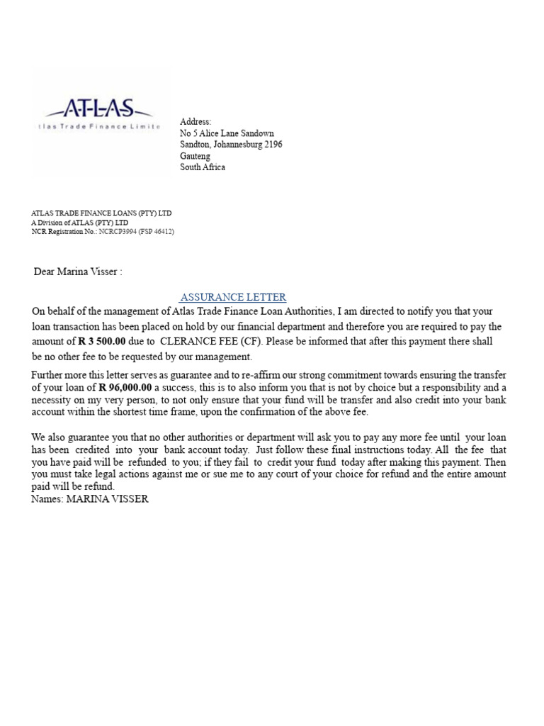 Assurance Letter Marina Visser | PDF