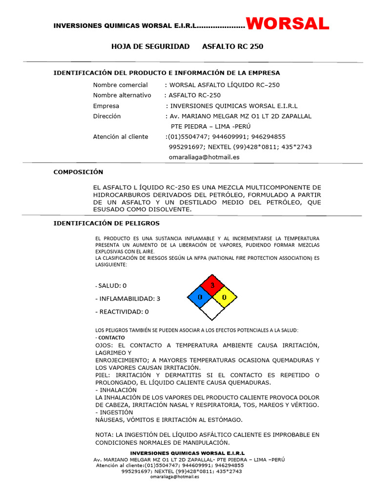 MSDS Asfalto RC 250 | PDF | Agua | Quemar