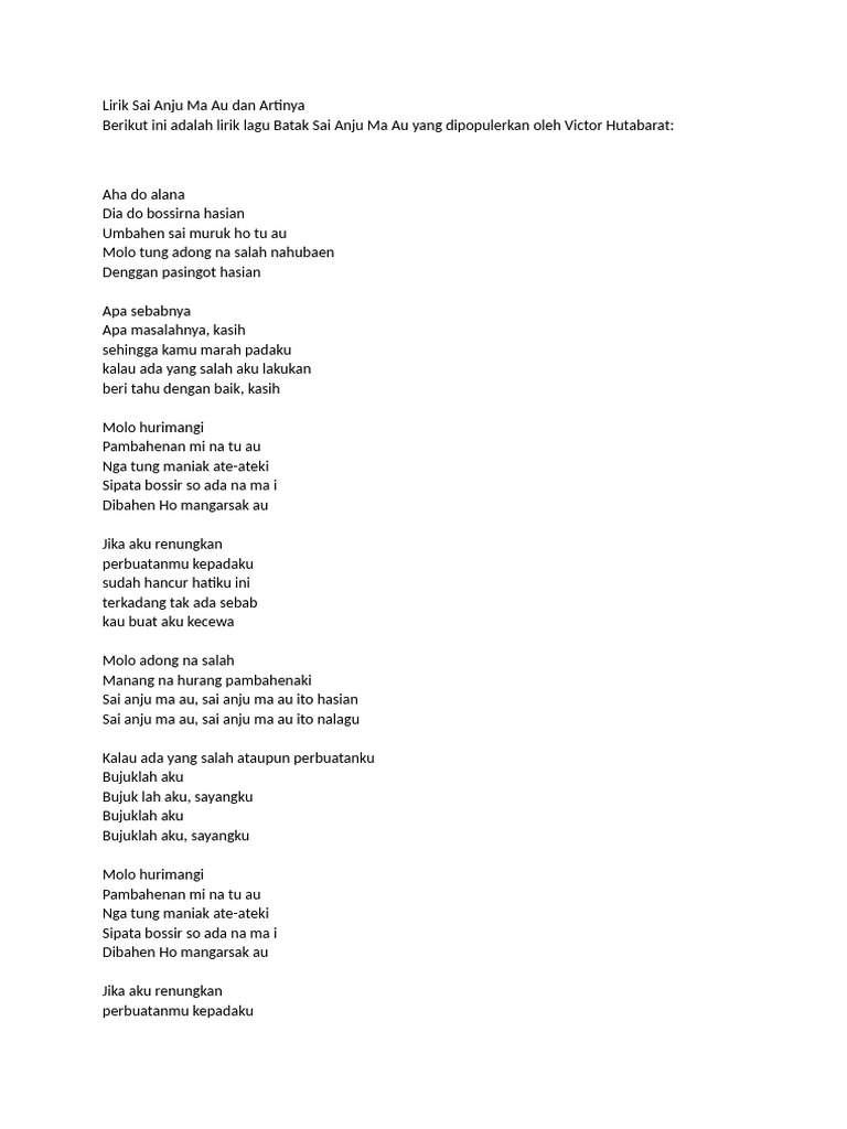 Lirik Sai Anju Ma Au Dan Artinya | PDF