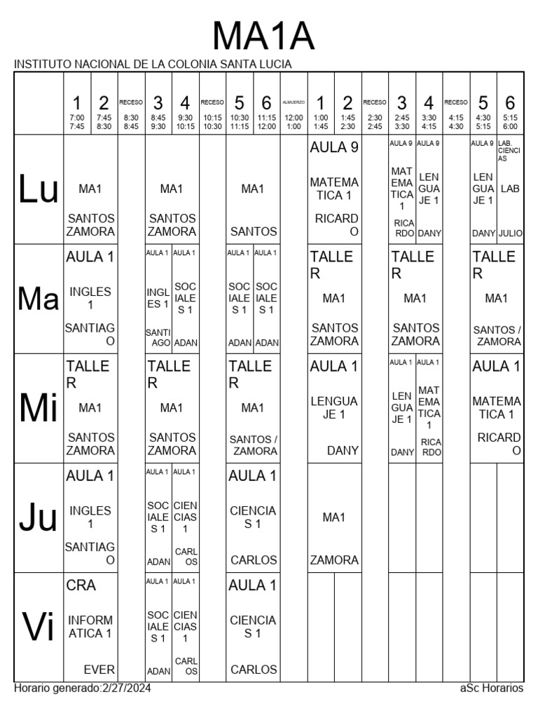 Horarios Por Seccion 2024 | PDF