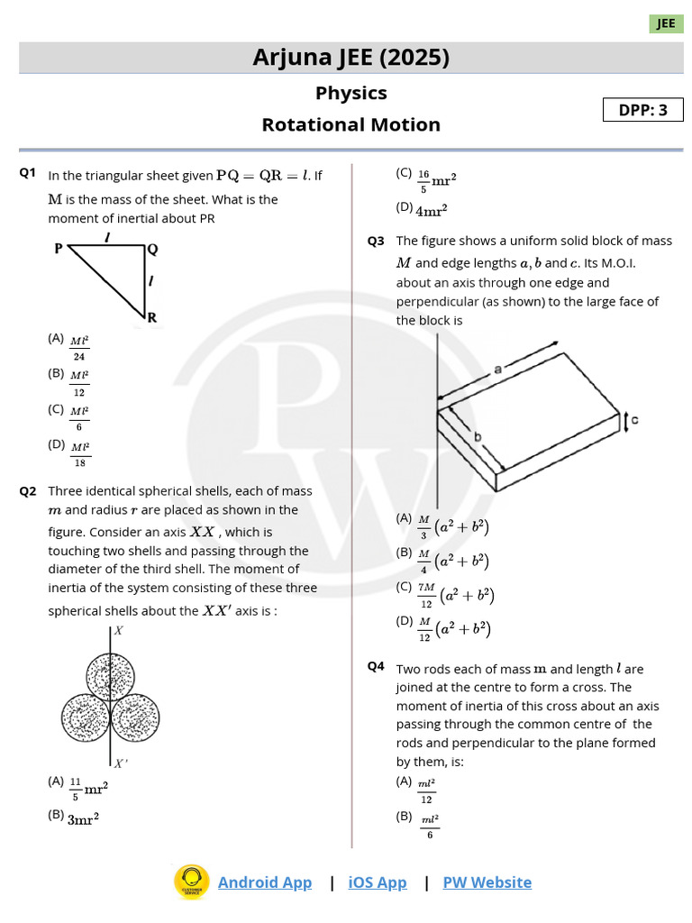 Rotational Motion - DPP 03 - Arjuna JEE 2025 | PDF | Rotation | Space