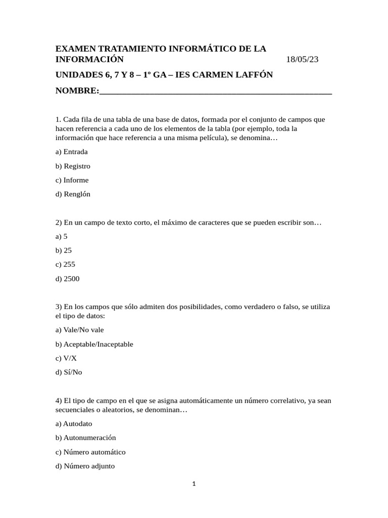 Examen TII UD 6, 7 y 8 | PDF | Bases de datos | Informática