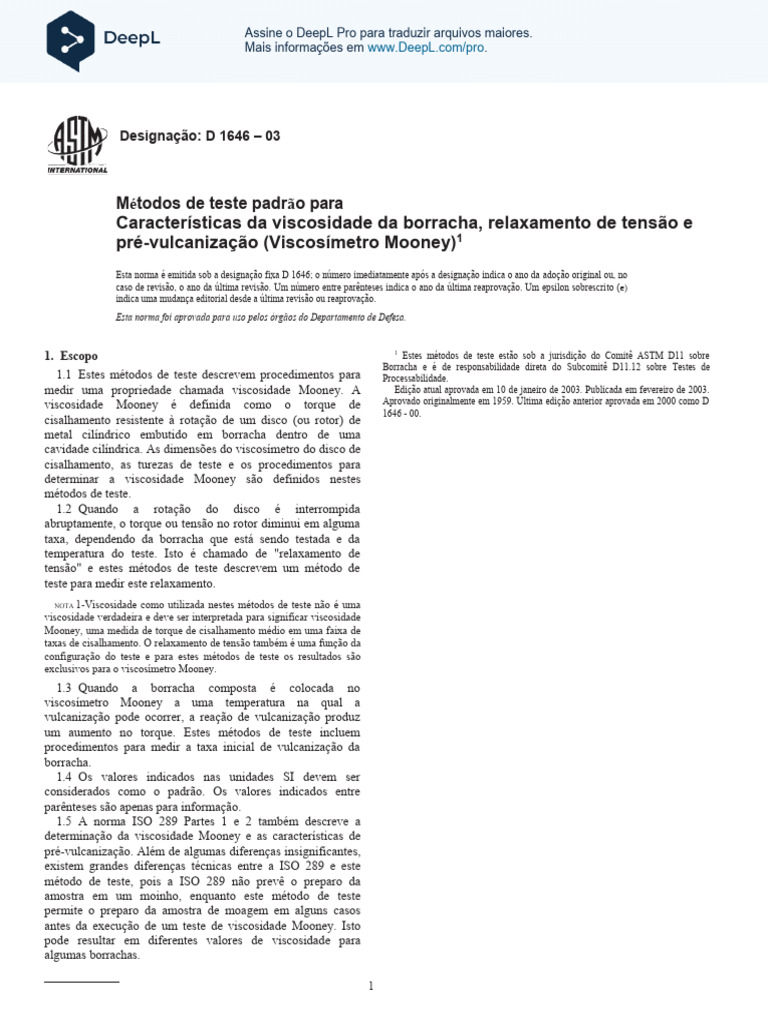 ASTM D1646 - 2003 - Viscosity, Stress Relaxation, and Pre-Vulcanization Characteristics (Mooney ...