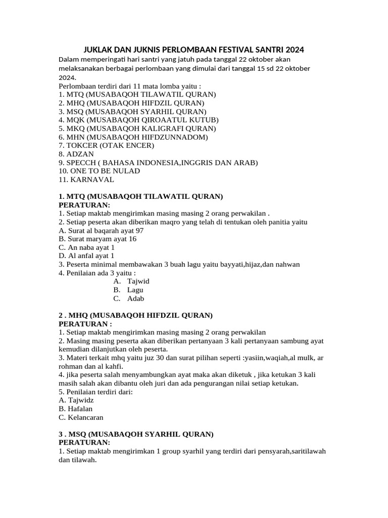 Juklak Dan Juknis Perlombaan Festival Santri 2024 | PDF