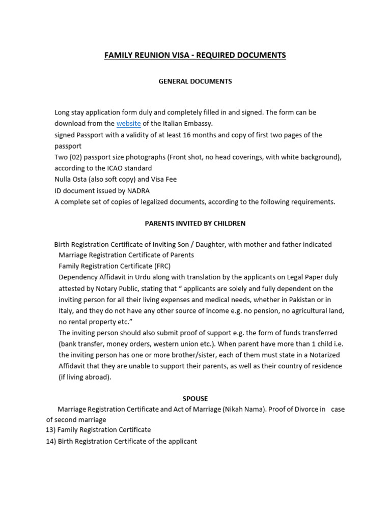 Family Reunion Visa Requirments | PDF | Birth Certificate | Travel Visa