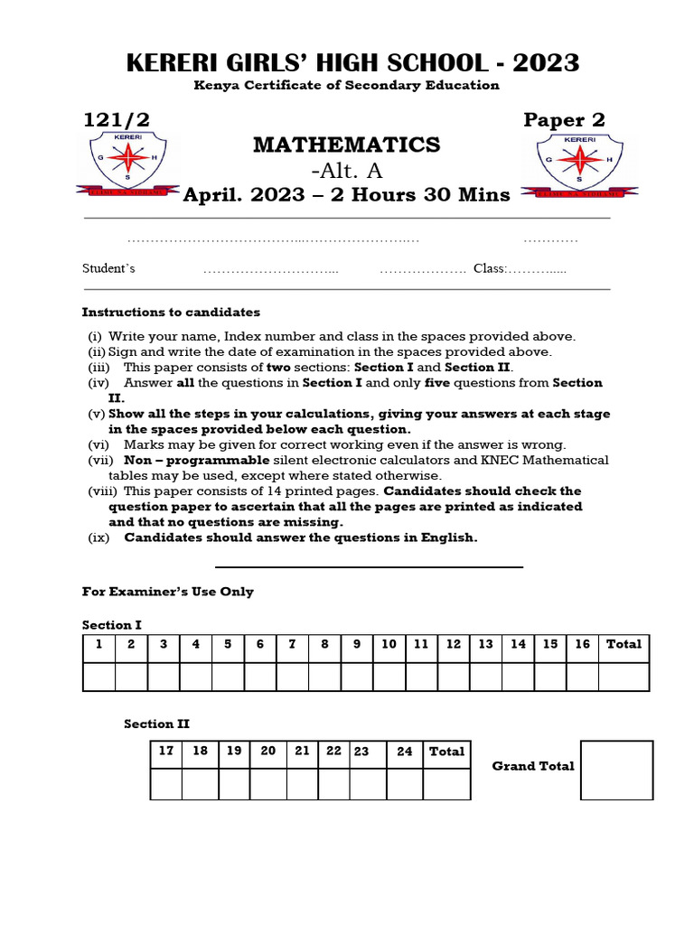 Math-Pp2-Kereri-Girls-2023 2 | PDF | Area | Mean