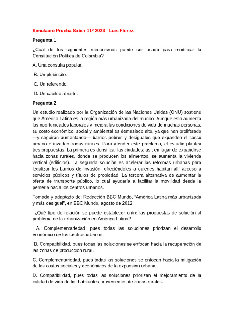 Simulacro Prueba Saber 11 | PDF | Constitución | Colombia
