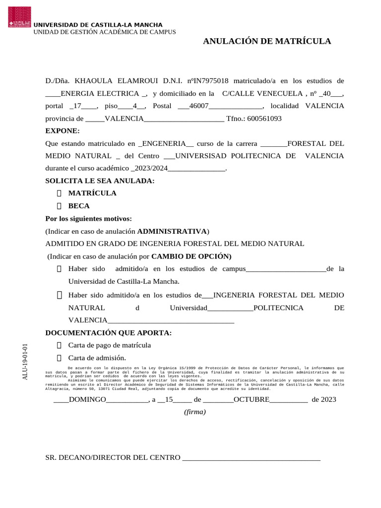 Anulacion Matricula | PDF | Documento de identidad | Gobierno