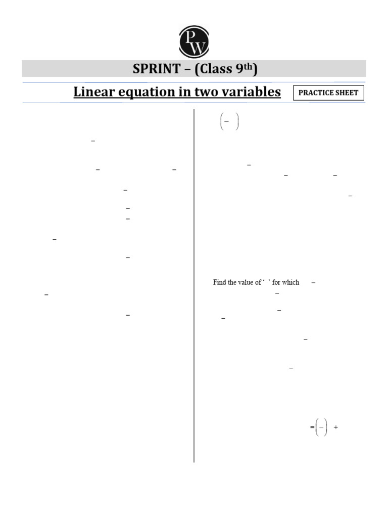 Practice Sheet-01 - Linear Equation in 2 Variables - Maths - Spinty ...