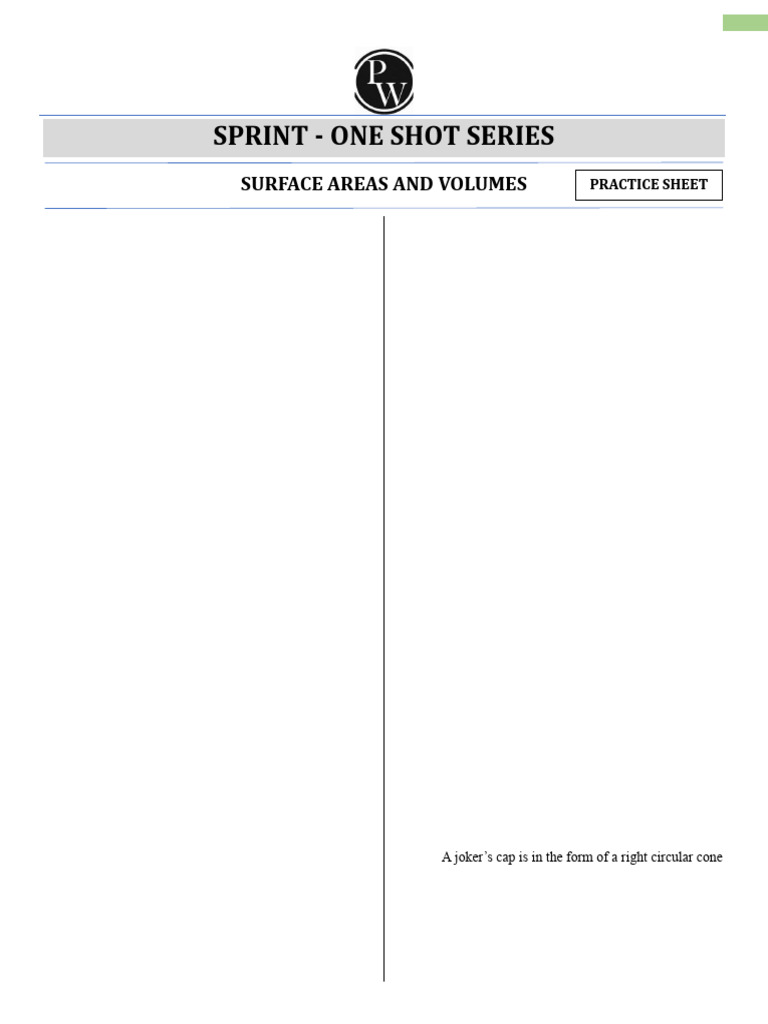 Practice Sheet - Surface Areas and Volumes - SPRINT-OnE SHORT - Dimple ...