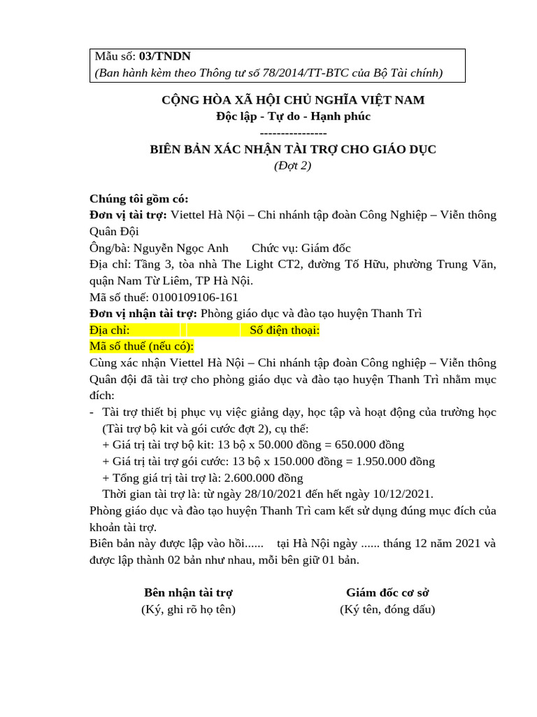 Bien Ban Xac Nhan Tai Tro Giao Duc | PDF